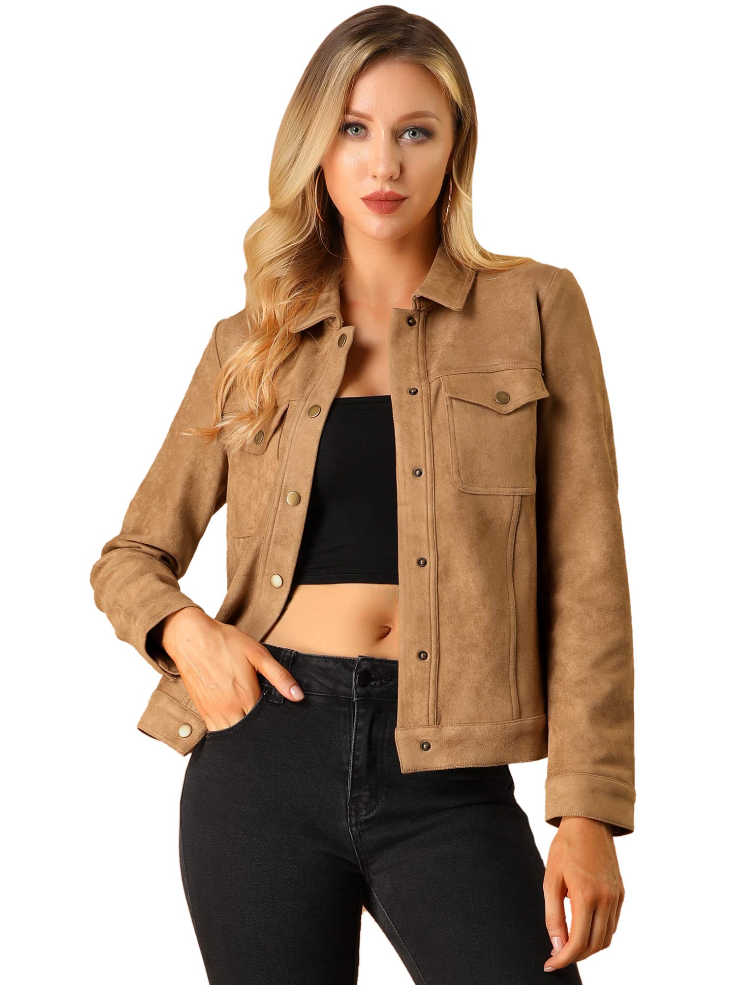 Allegra K Women's Turn-Down Collar Flap Pockets Snap Button Faux Suede Jacket Large Brown