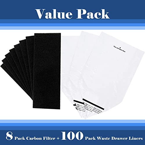 100 Pack Waste Drawer Liners Compatible with All Litter Robot Models, 9-11 Gallons Litter Box Liners, Plus 8 Pack Activated Charcoal Filters