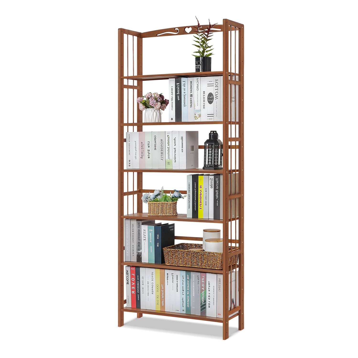 Magshion Tall Book Shelf 6-Tier Bamboo Open Bookshelf Adjustable Multifunctional Shelving Unit Freestanding Shelf, 27.2" Length Storage Rack Display Stand for Home and Office (Brown)