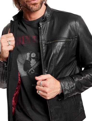 John Varvatos Star USA Men's Band Collar Leather Jacket, Black, X-Large