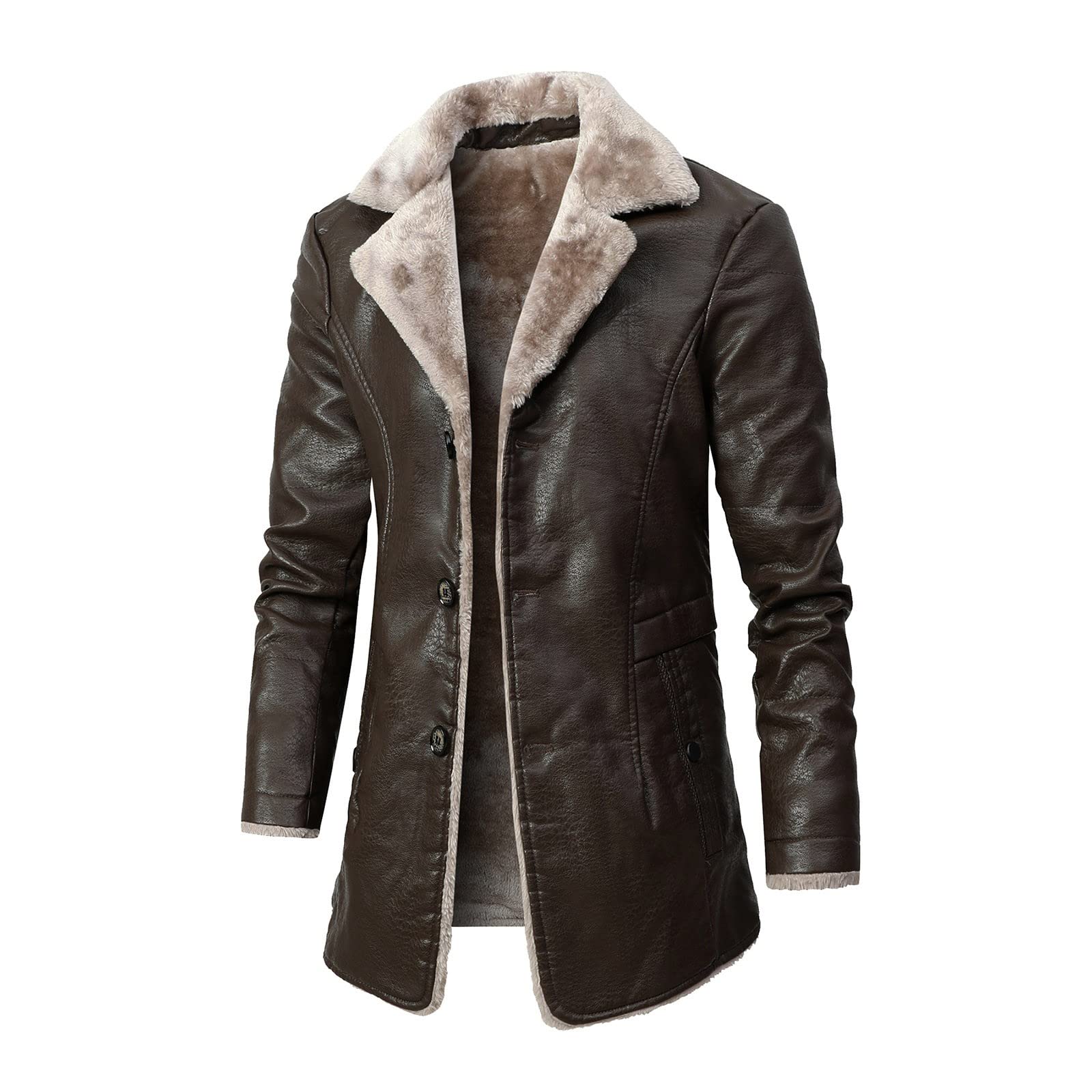 WOSJKDJ Mens Leather Jacket 3/4 Length Faux Leather Fur Coat Warm Winter Long PU Leather Jacket Lined Duster Trench Coat