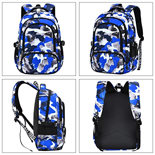 Yvechus Camo Backpack for Kids, Lightweight Camo Backpack Elementary Middle School Backpack Water Repellent Bookbag (Camo Blue 2 in 1)