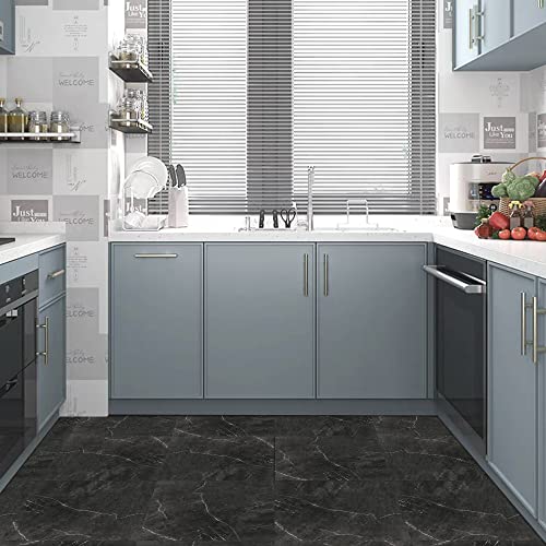 Peel and Stick Floor Tile, Black Grey Marble Vinyl Flooring, Durable and Waterproof for Update Bathroom Kitchen Basement, 11.8x11.8In, 10 PCS