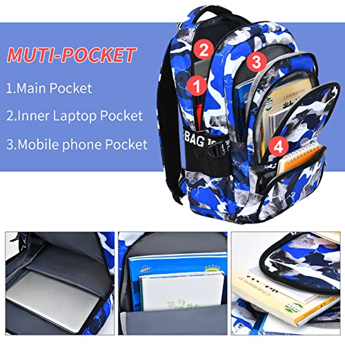 Yvechus Camo Backpack for Kids, Lightweight Camo Backpack Elementary Middle School Backpack Water Repellent Bookbag (Camo Blue 2 in 1)