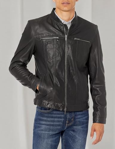 John Varvatos Star USA Men's Band Collar Leather Jacket, Black, X-Large
