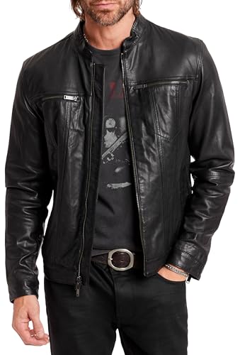 John Varvatos Star USA Men's Band Collar Leather Jacket, Black, X-Large