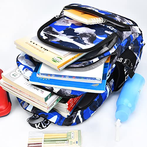 Yvechus Camo Backpack for Kids, Lightweight Camo Backpack Elementary Middle School Backpack Water Repellent Bookbag (Camo Blue 2 in 1)