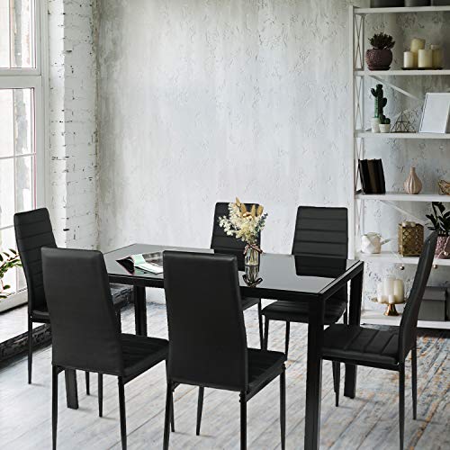 BAHOM 7 Piece Kitchen Dining Table Set for 6, Glass Dining Table and 6 Chairs PU Leather for Breakfast (2 Boxes)