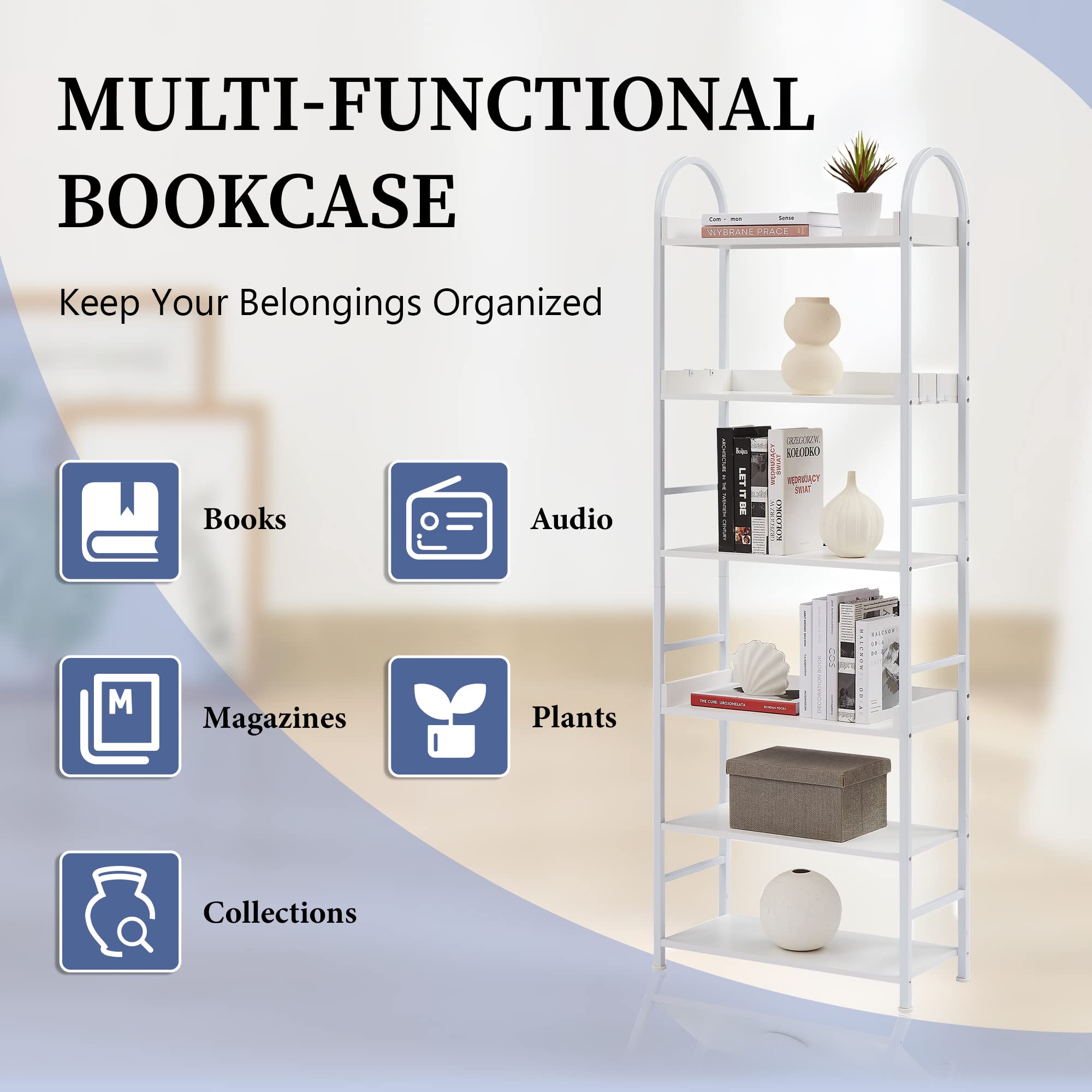 CITYLIGHT 6-Tier Open Bookshelf, 70.8" Tall Wood Storage Bookshelf with Metal Frame, Freestanding Display Rack Tall Shelving with Round Top Frame and Adjustable Foot Pads (White)