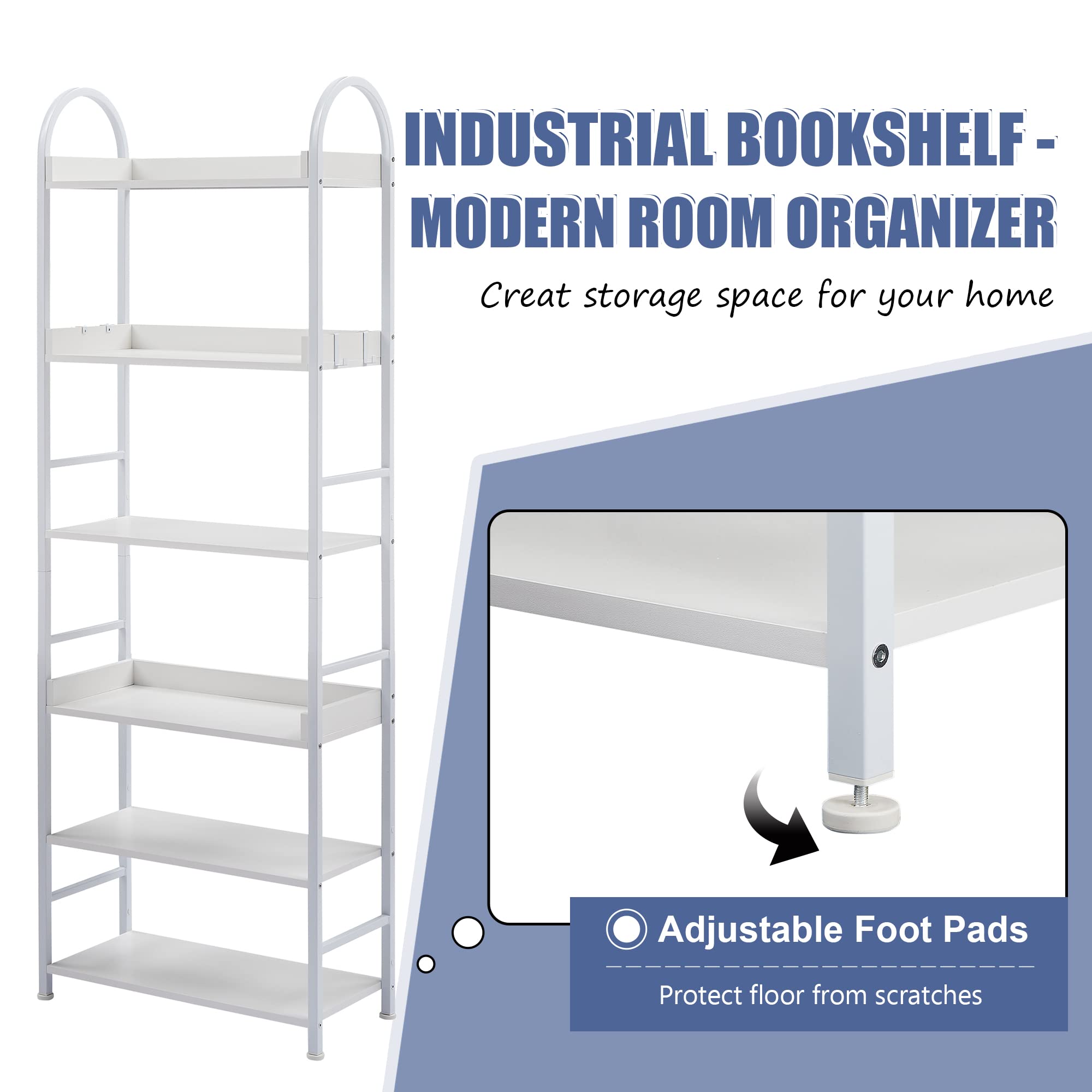 CITYLIGHT 6-Tier Open Bookshelf, 70.8" Tall Wood Storage Bookshelf with Metal Frame, Freestanding Display Rack Tall Shelving with Round Top Frame and Adjustable Foot Pads (White)