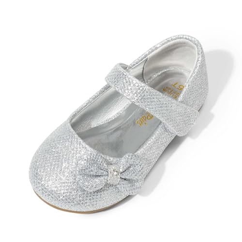 DREAM PAIRS Toddler Dress Shoes Mary Jane Flats for Girls Side Bow Ballerina Shoes,Size 2 Little Kid,Silver/Glitter,Angel-5