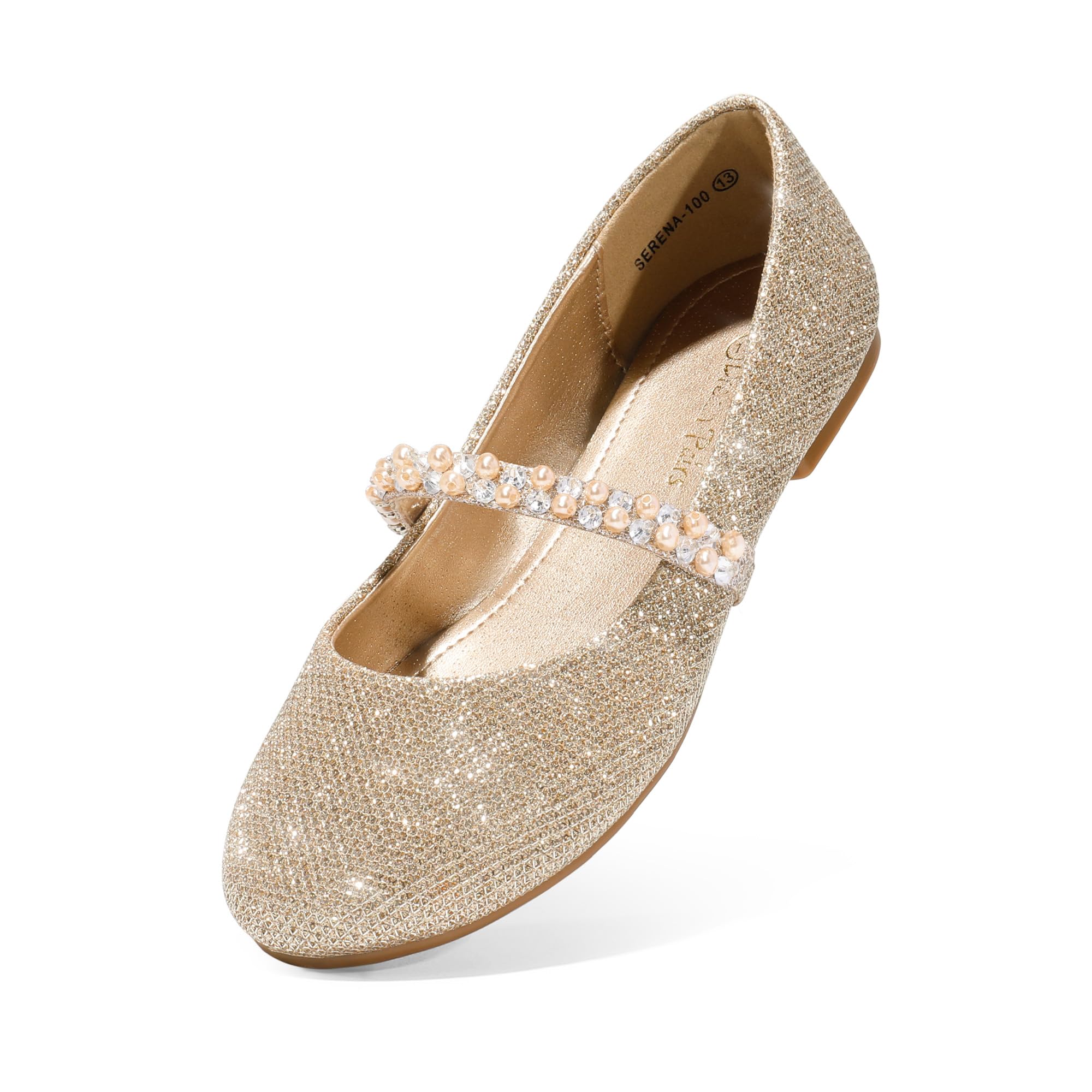 DREAM PAIRS Girls Mary Jane Dress Shoes Ballerina Flats for Wedding, Party,Size 2 Little Kid,Gold/Glitter,SERENA-100-KIDS