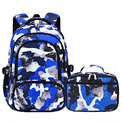 Yvechus Camo Backpack for Kids, Lightweight Camo Backpack Elementary Middle School Backpack Water Repellent Bookbag (Camo Blue 2 in 1)