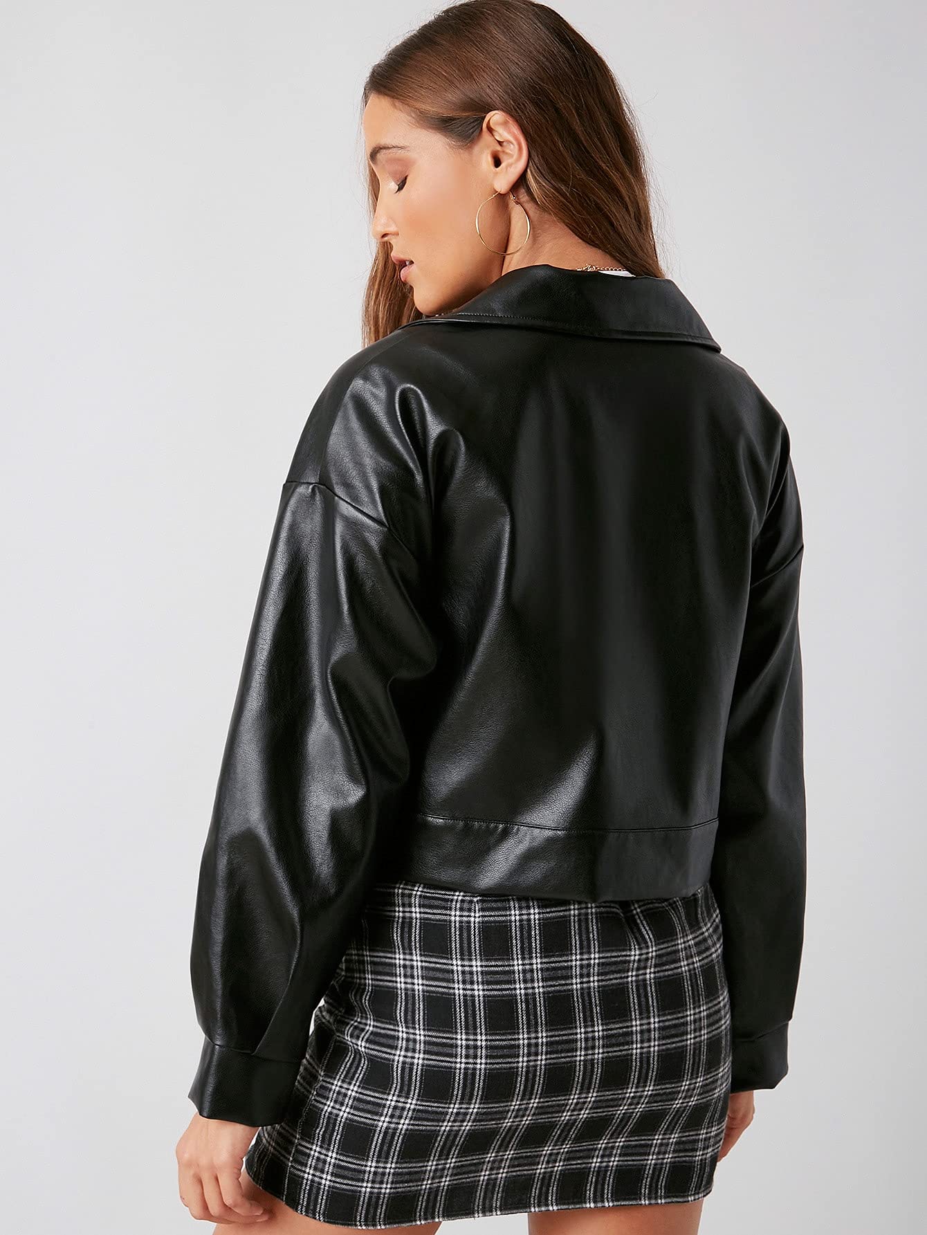 MakeMeChic Women's Faux PU Leather Jacket Long Sleeve Button Down Cropped Outerwear Coat Black S