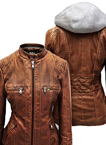Hoffen Premium Vegan Leather Jacket for Women with Detachable Hood - Seitig Model (Caramel, XXL)