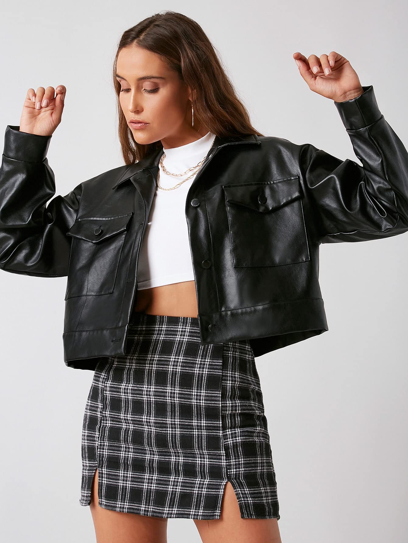 MakeMeChic Women's Faux PU Leather Jacket Long Sleeve Button Down Cropped Outerwear Coat Black S