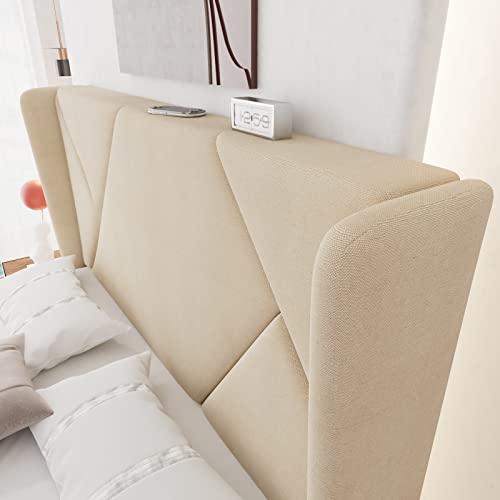 iPormis Queen Size Platform Bed Frame with Wingback, Geometric Upholstered Bed Frame with Headboard, Wood Slats Support, No Box Spring Required, Beige