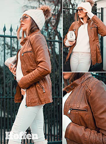 Hoffen Premium Vegan Leather Jacket for Women with Detachable Hood - Seitig Model (Caramel, XXL)