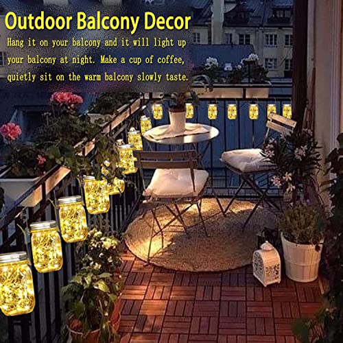 Cooo 8 Pack Lanterns Solar Powered 30LED Mason Jar Lights,Waterproof Hanging Patio Porch Garden Yard Backyard Balcony Lawn Handmade Wall Lighting Fixtures Decor(Hangers&Jars included)-Warm White
