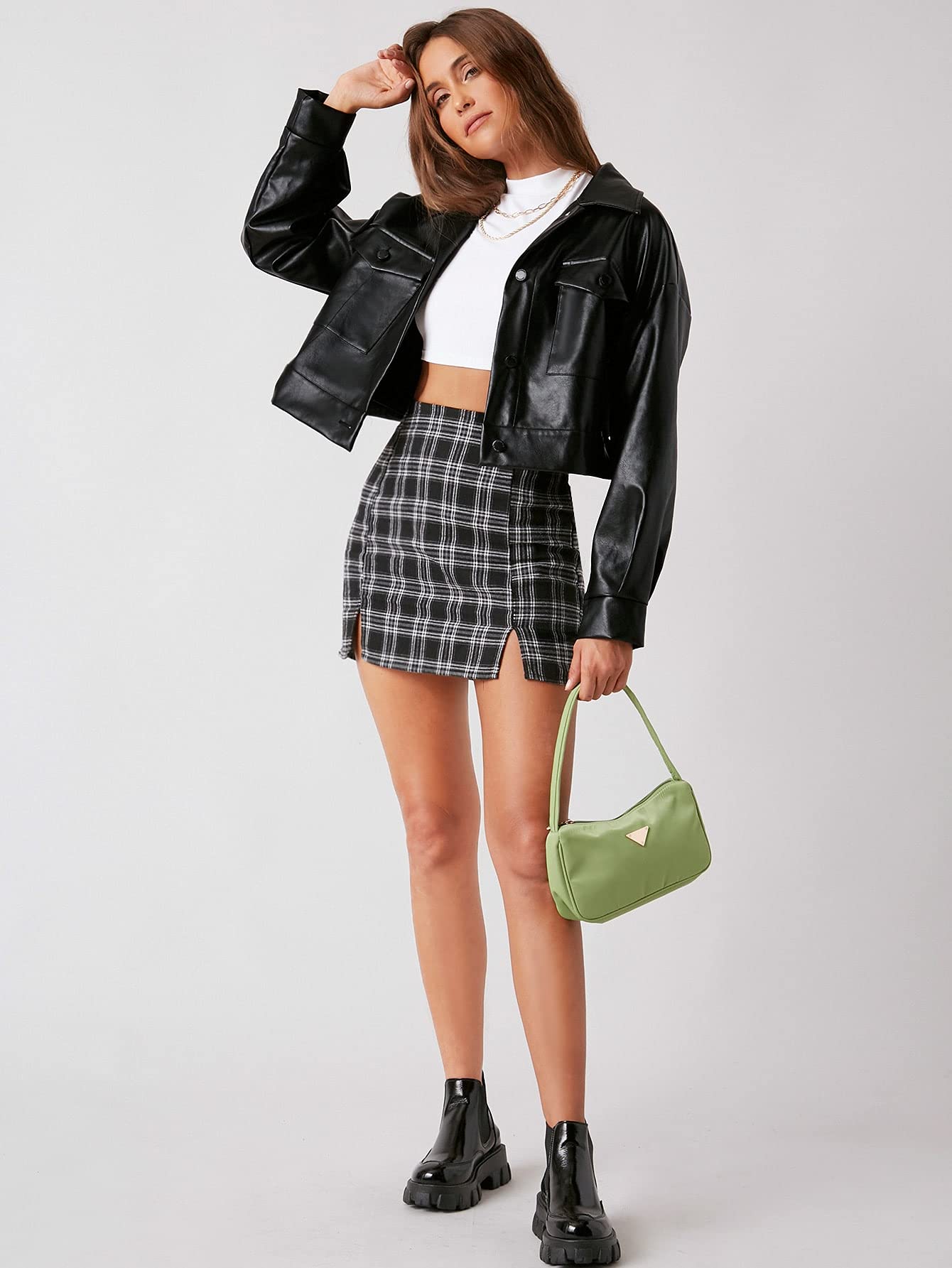 MakeMeChic Women's Faux PU Leather Jacket Long Sleeve Button Down Cropped Outerwear Coat Black S