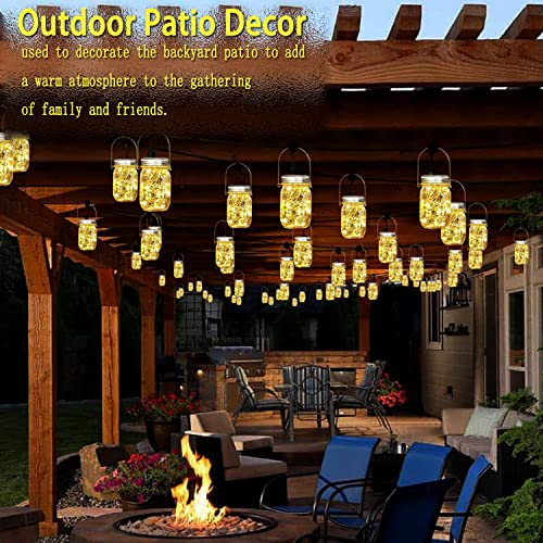 Cooo 8 Pack Lanterns Solar Powered 30LED Mason Jar Lights,Waterproof Hanging Patio Porch Garden Yard Backyard Balcony Lawn Handmade Wall Lighting Fixtures Decor(Hangers&Jars included)-Warm White