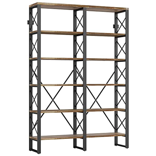 IRONCK Industrial Bookshelf Double Wide 6-Tier, Open Large Bookcase, Wood and Metal Bookshelves for Home Office, Easy Assembly