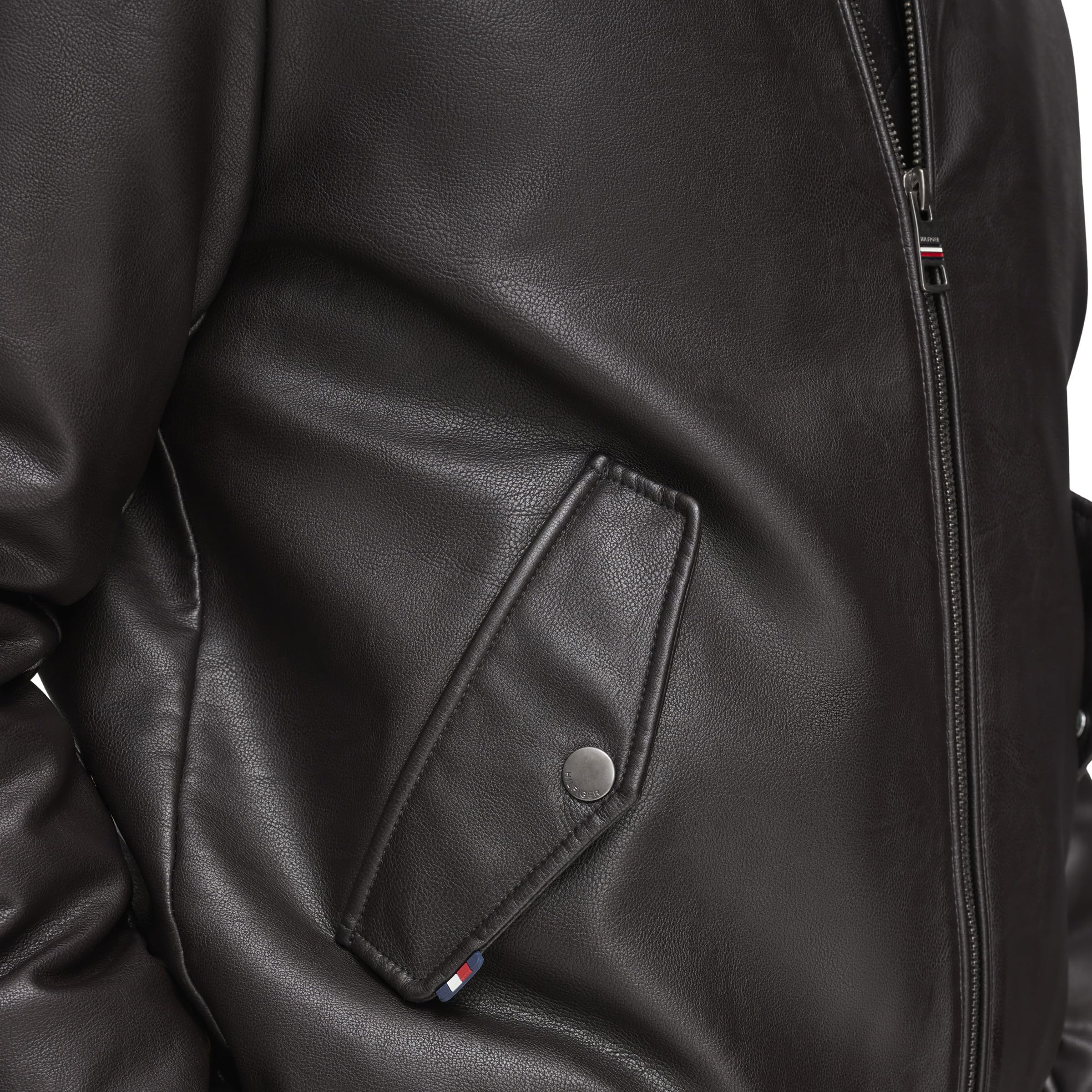 Tommy Hilfiger Men's Smooth Lamb Touch Faux Leather Unfilled Bomber, Dark Brown Laydown Collar, Large