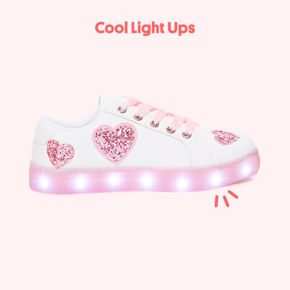 FabKids Girls Light Up Sneakers Glitter Heart White Shoes Low Top Lace Up Tennis Sneaker for Little Kid Size 2