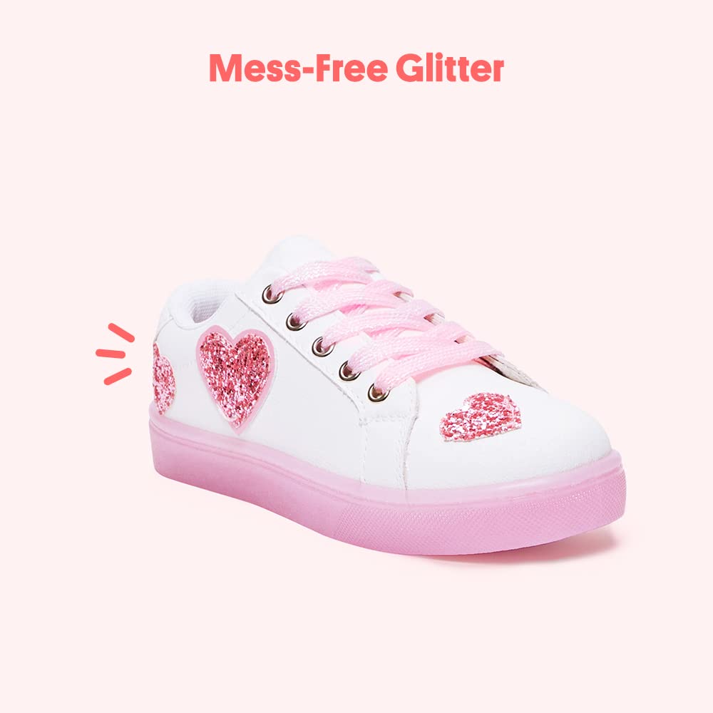 FabKids Girls Light Up Sneakers Glitter Heart White Shoes Low Top Lace Up Tennis Sneaker for Little Kid Size 2
