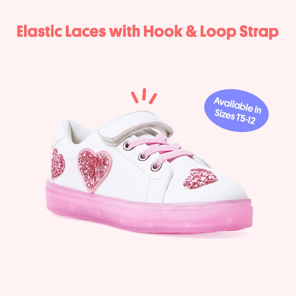 FabKids Girls Light Up Sneakers Glitter Heart White Shoes Low Top Lace Up Tennis Sneaker for Little Kid Size 2