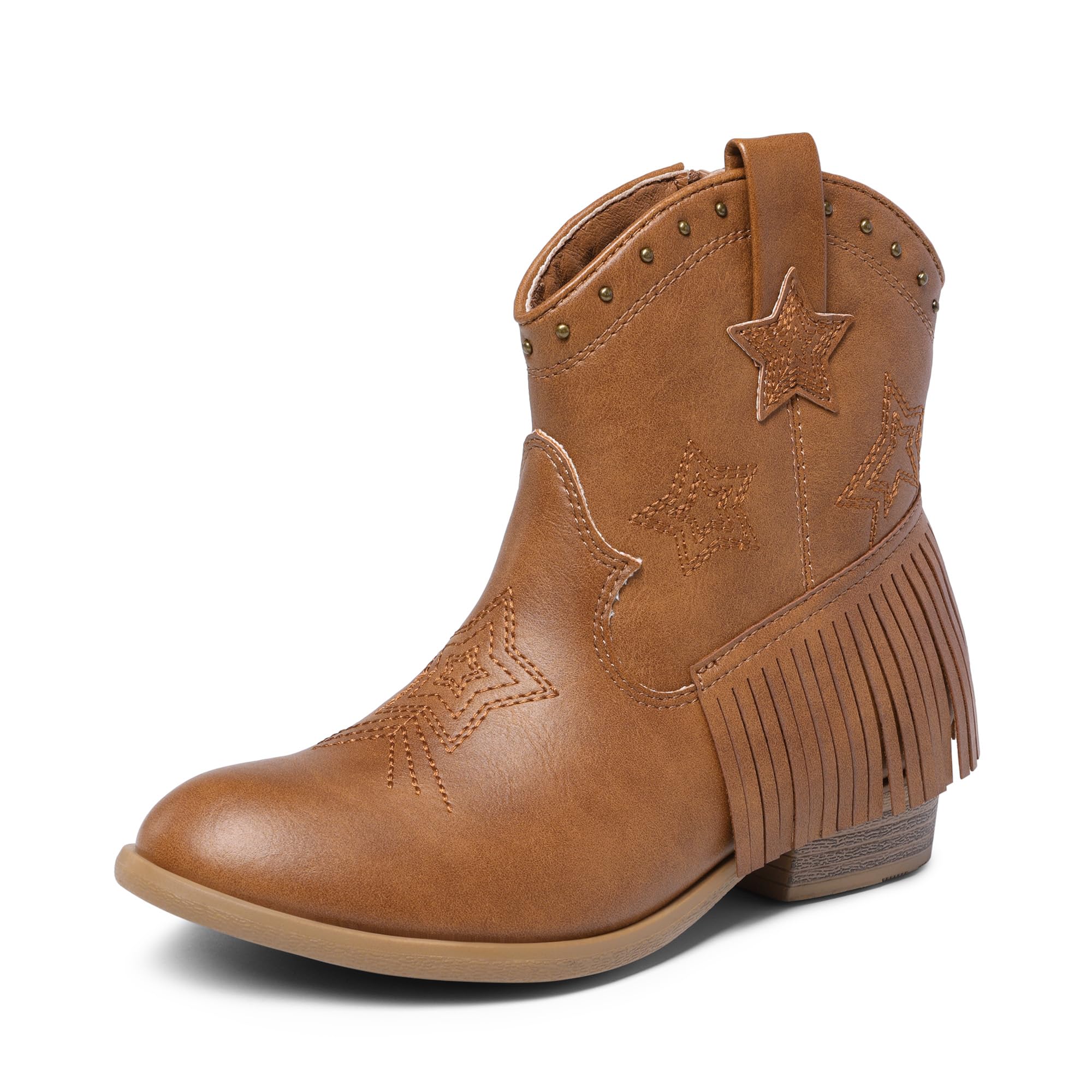 DREAM PAIRS Girls Cowgirl Cowboy Ankle Western Boots Side Zipper Riding Shoes with Tassel,Size 2 Little Kid,Camel,SDBO2302K