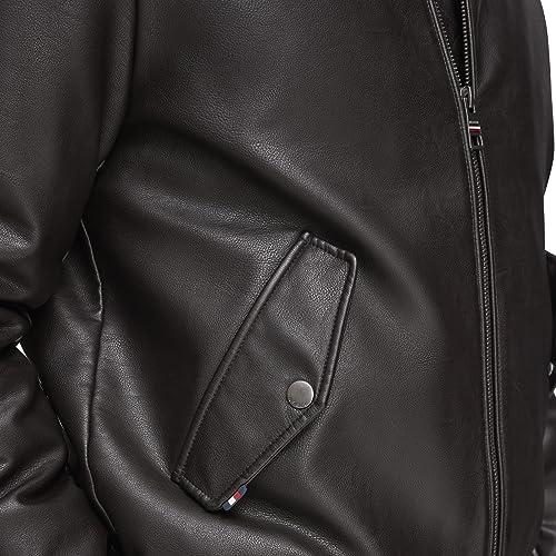 Tommy Hilfiger Men's Smooth Lamb Touch Faux Leather Unfilled Bomber, Dark Brown Laydown Collar, Large