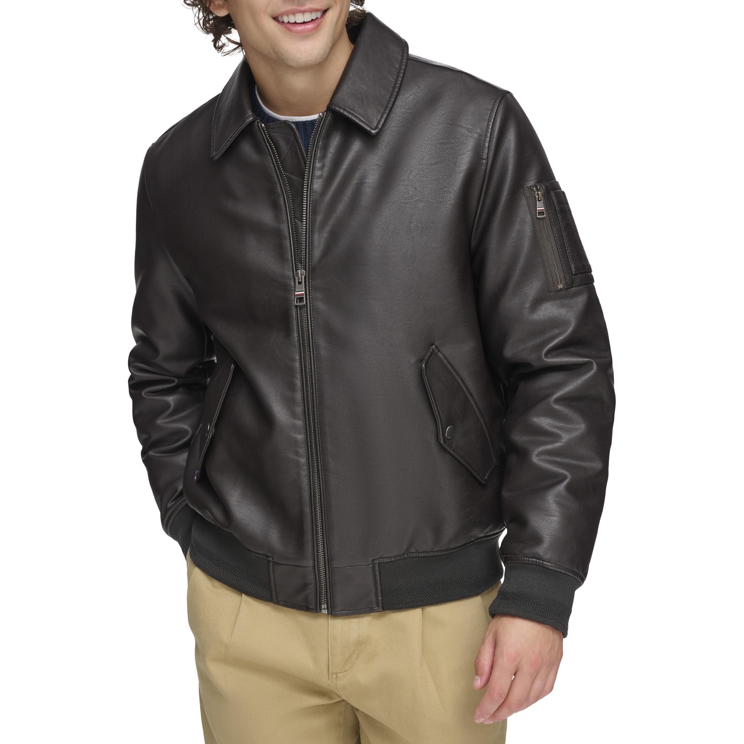 Tommy Hilfiger Men's Smooth Lamb Touch Faux Leather Unfilled Bomber, Dark Brown Laydown Collar, Large