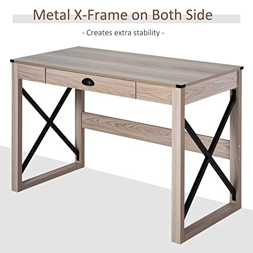 HOMCOM Home Office Computer Desk, Rustic Writing Desk, Farmhouse Workstation with Storage Drawer, X-Frame