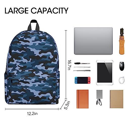 Lightweight Camo Boys School Backpack, Classic Bassic Bookbag for Middle School Students, Cute Camoflauge Patterned Casual Daypack for College, Travel, Work with 15-Inch Laptop Compartment, 17 IN