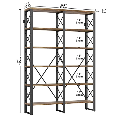 IRONCK Industrial Bookshelf Double Wide 6-Tier, Open Large Bookcase, Wood and Metal Bookshelves for Home Office, Easy Assembly