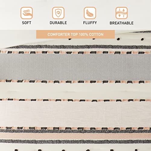 Hyde Lane Boho King Comforter Set ,Modern Farmhouse Tufted Bedding Sets, Cotton Top with Neutral Rustic Style Clipped Jacquard Stripes, 3-Pieces Including Matching Pillow Shams (104x90 Inches)