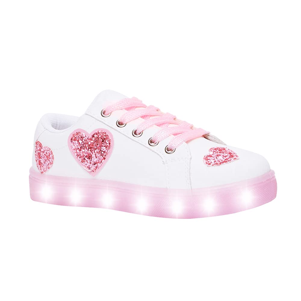 FabKids Girls Light Up Sneakers Glitter Heart White Shoes Low Top Lace Up Tennis Sneaker for Little Kid Size 2