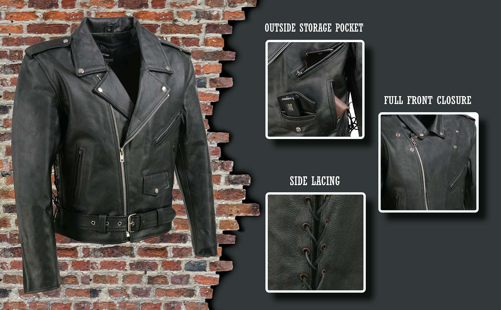 EVENT LEATHER EL5411 Men's Black Classic Side Lace Motorcycle Leather Jacket – Motorcycle Riding Jackets - X-Large