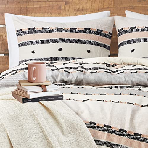 Hyde Lane Boho King Comforter Set ,Modern Farmhouse Tufted Bedding Sets, Cotton Top with Neutral Rustic Style Clipped Jacquard Stripes, 3-Pieces Including Matching Pillow Shams (104x90 Inches)