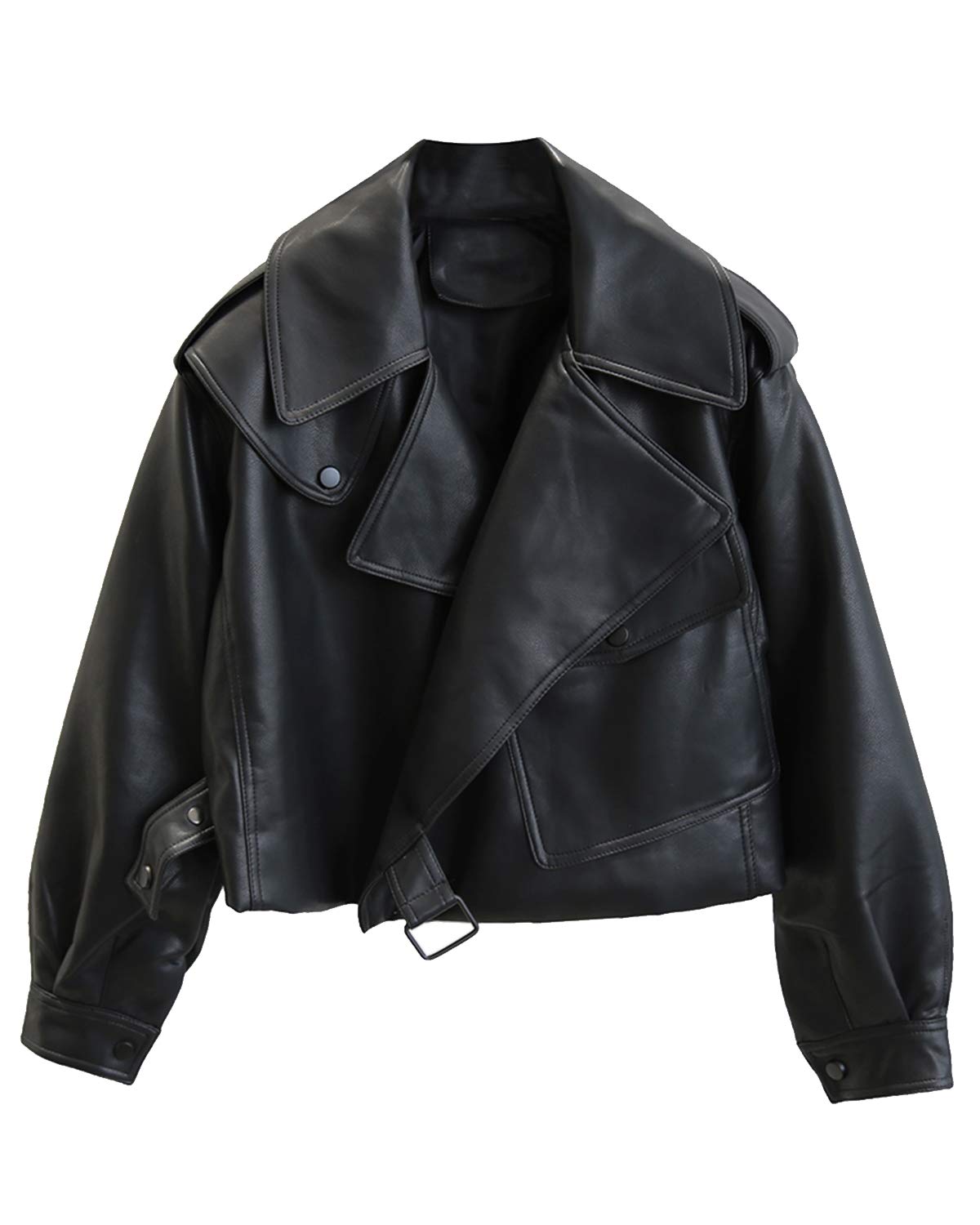 LY VAREY LIN Women Black Faux Leather Jackets Casual Short Oversized Coat Asymmetrical Motor Biker Jacket (Black, L)