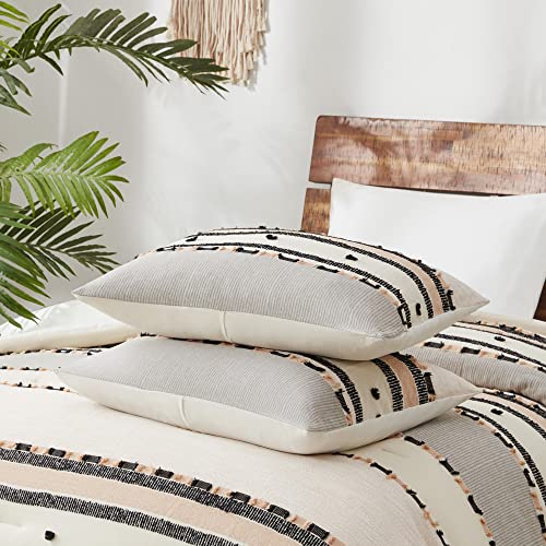 Hyde Lane Boho King Comforter Set ,Modern Farmhouse Tufted Bedding Sets, Cotton Top with Neutral Rustic Style Clipped Jacquard Stripes, 3-Pieces Including Matching Pillow Shams (104x90 Inches)