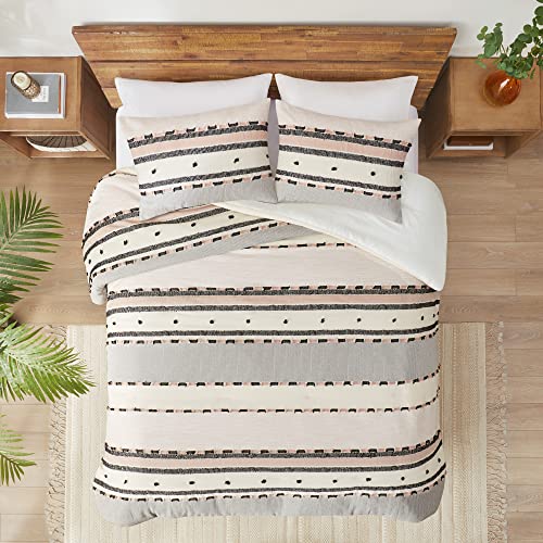 Hyde Lane Boho King Comforter Set ,Modern Farmhouse Tufted Bedding Sets, Cotton Top with Neutral Rustic Style Clipped Jacquard Stripes, 3-Pieces Including Matching Pillow Shams (104x90 Inches)