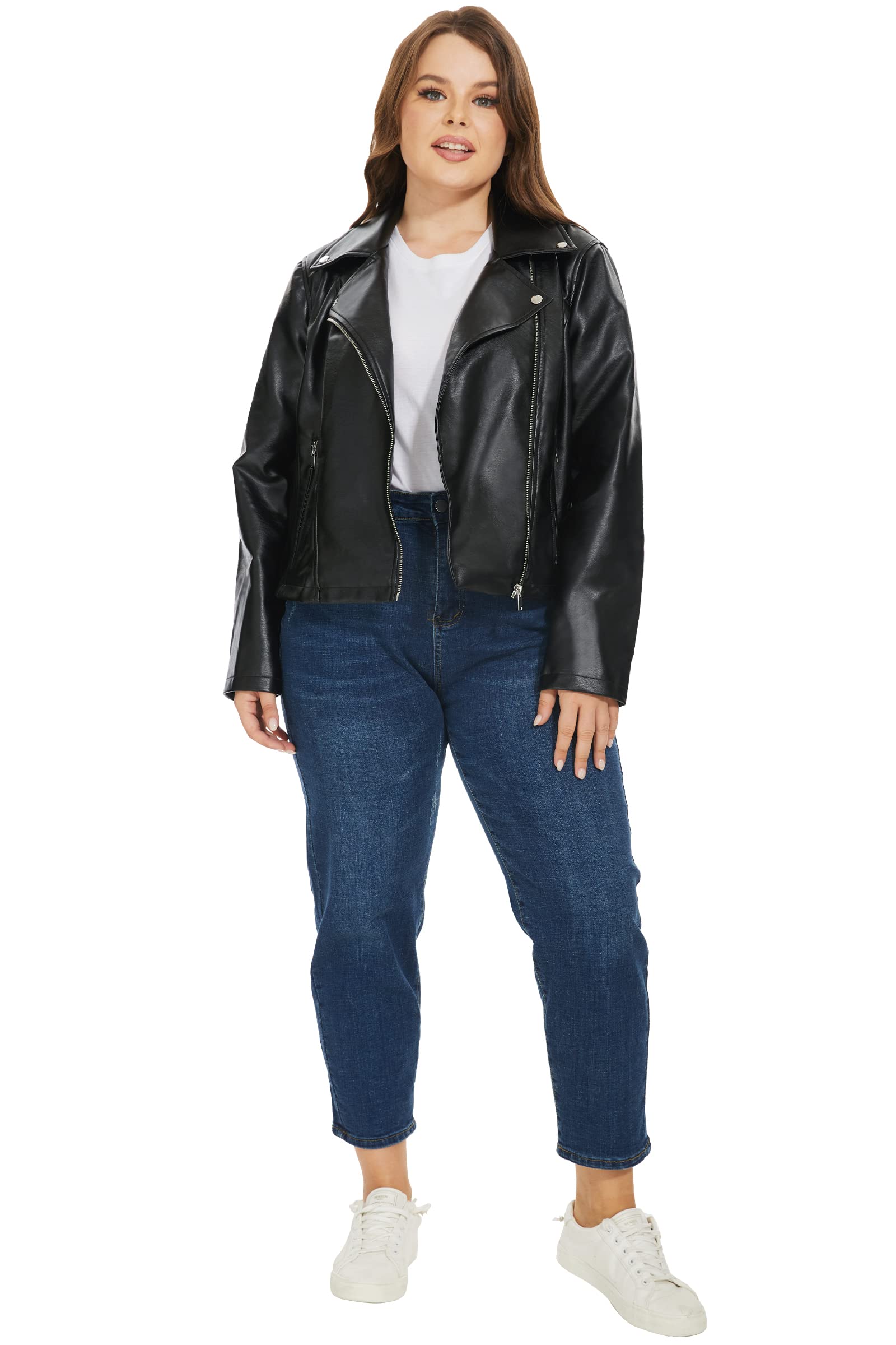 Fahsyee Women's Faux Leather Jackets - Black Zip Up Plus Size Motorcycle Short PU Moto Biker Outwear Fitted Slim Coat 4X
