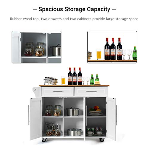 Giantex Kitchen Island Cart Rolling Storage Trolley Cart with Lockable Castors, 2 Drawers, 3 Door Cabinet, Towel Handle, Knife Block for Dining Room Restaurant Use (White)