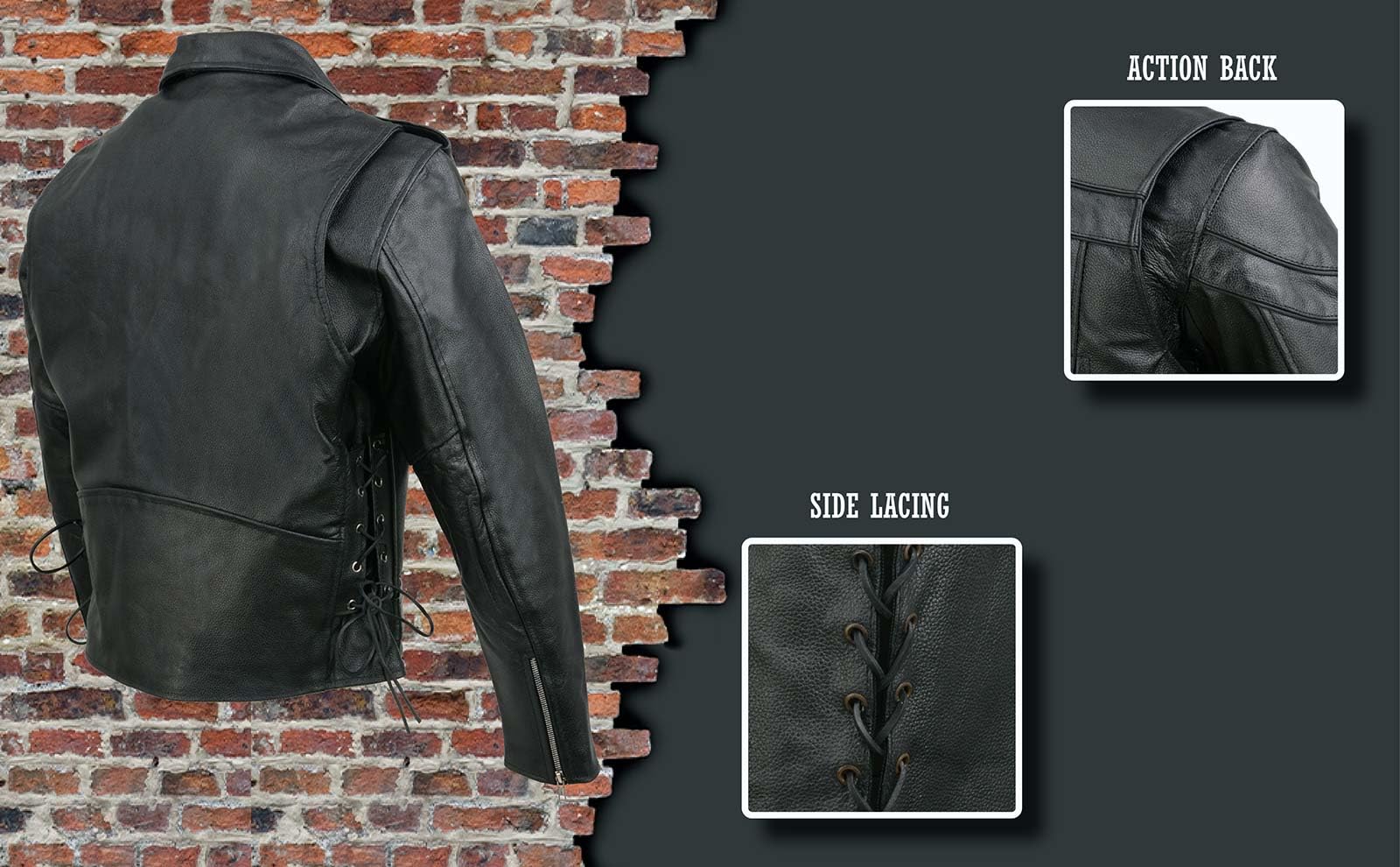 EVENT LEATHER EL5411 Men's Black Classic Side Lace Motorcycle Leather Jacket – Motorcycle Riding Jackets - X-Large