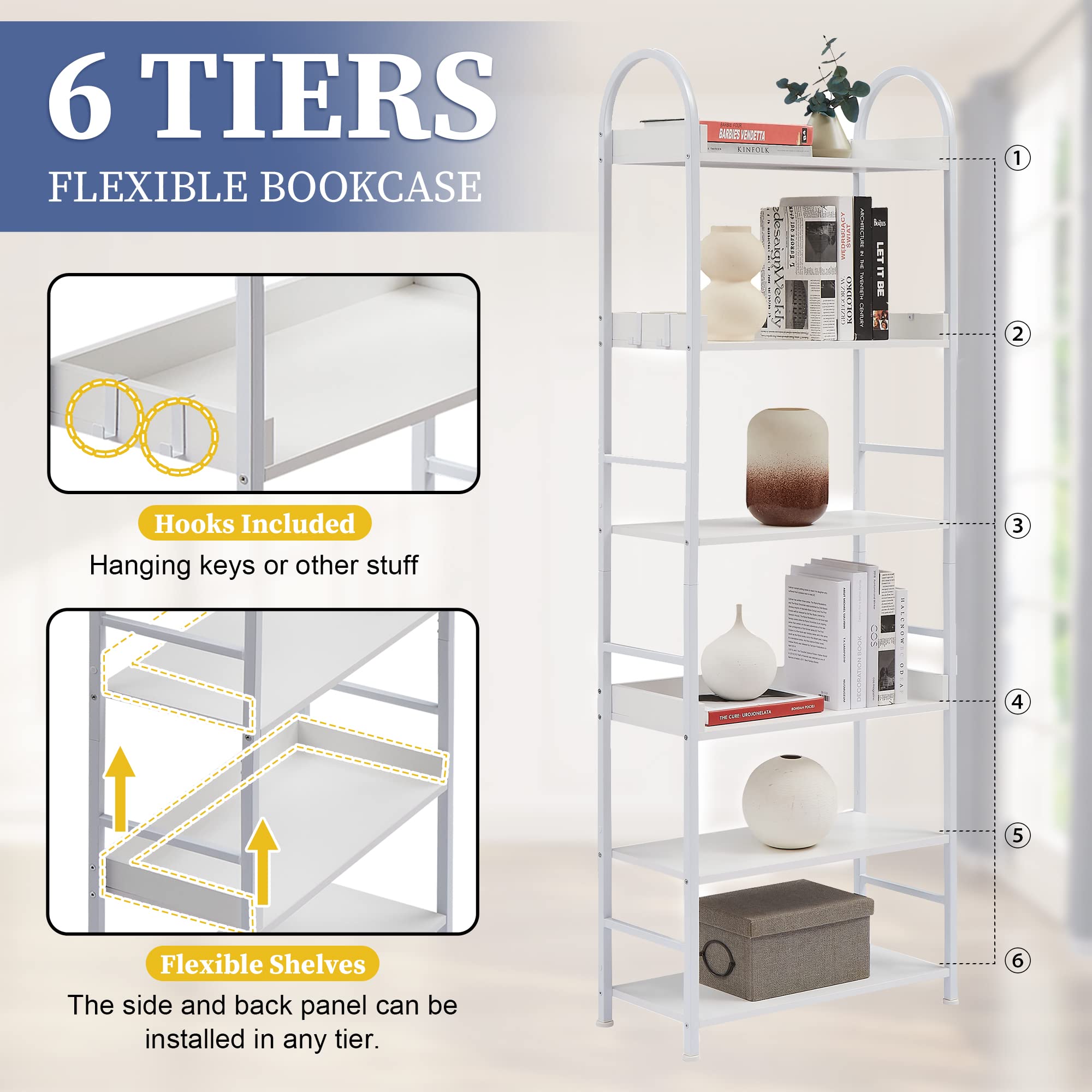 Bellemave 6-Tier Bookcase Freestanding Bookshelf with MDF Board & Round Top Frame, Narrow Rectangular Storage Shelves Adjustable Foot Pads for Living Room, Small Spaces (White) Narrow White (6-tier)