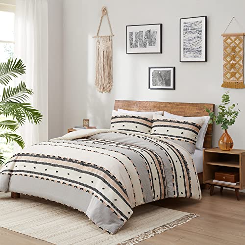 Hyde Lane Boho King Comforter Set ,Modern Farmhouse Tufted Bedding Sets, Cotton Top with Neutral Rustic Style Clipped Jacquard Stripes, 3-Pieces Including Matching Pillow Shams (104x90 Inches)