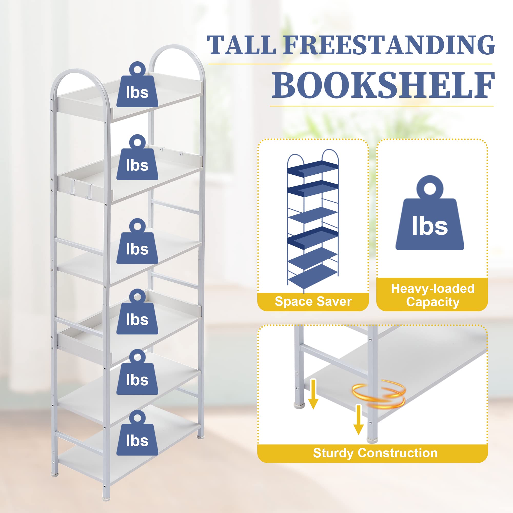 Bellemave 6-Tier Bookcase Freestanding Bookshelf with MDF Board & Round Top Frame, Narrow Rectangular Storage Shelves Adjustable Foot Pads for Living Room, Small Spaces (White) Narrow White (6-tier)