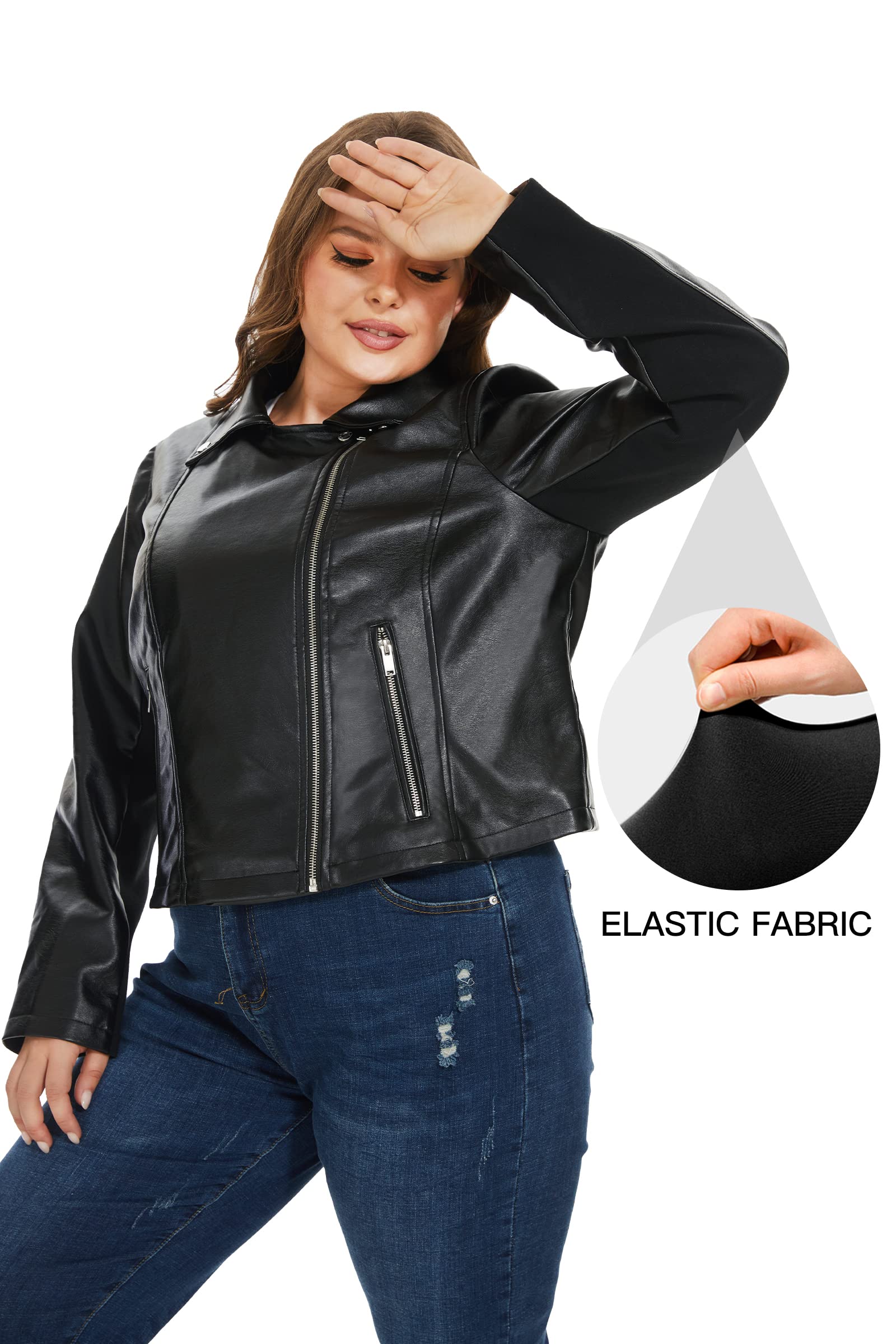 Fahsyee Women's Faux Leather Jackets - Black Zip Up Plus Size Motorcycle Short PU Moto Biker Outwear Fitted Slim Coat 4X